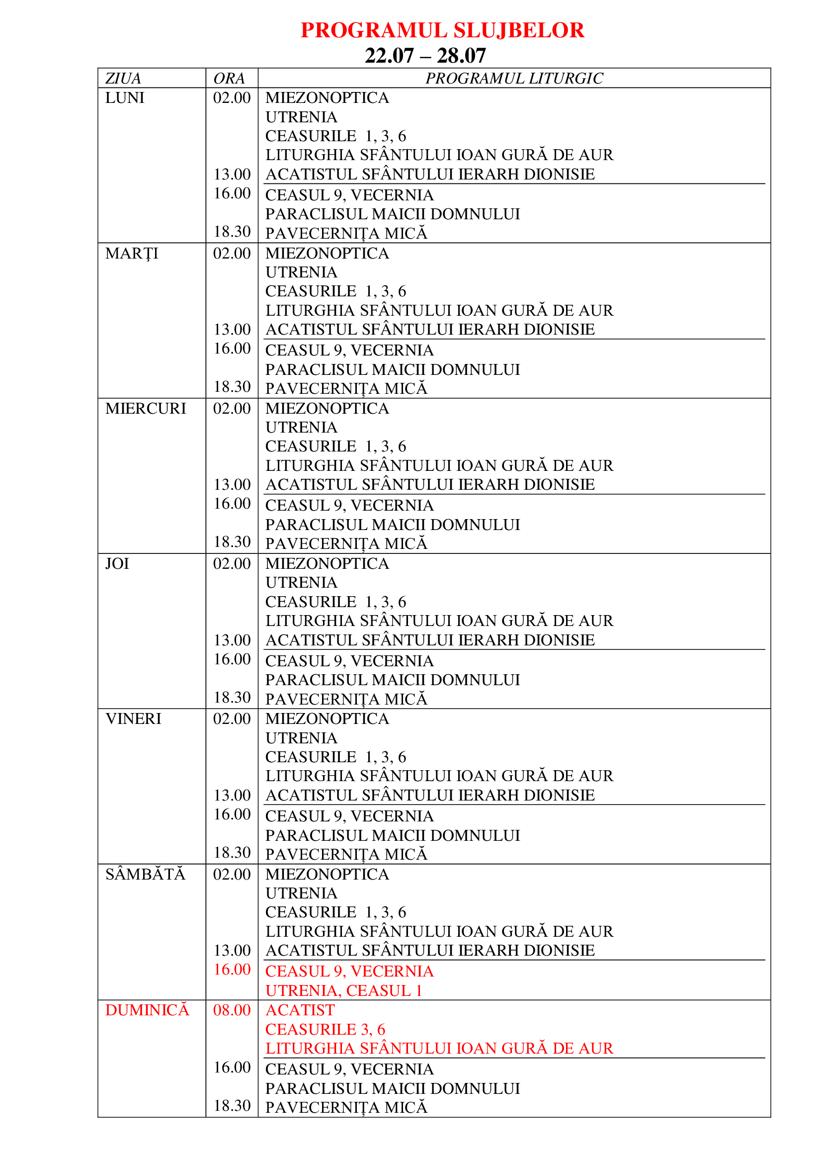 PROGRAM LITURGIC - Mănăstirea Suruceni